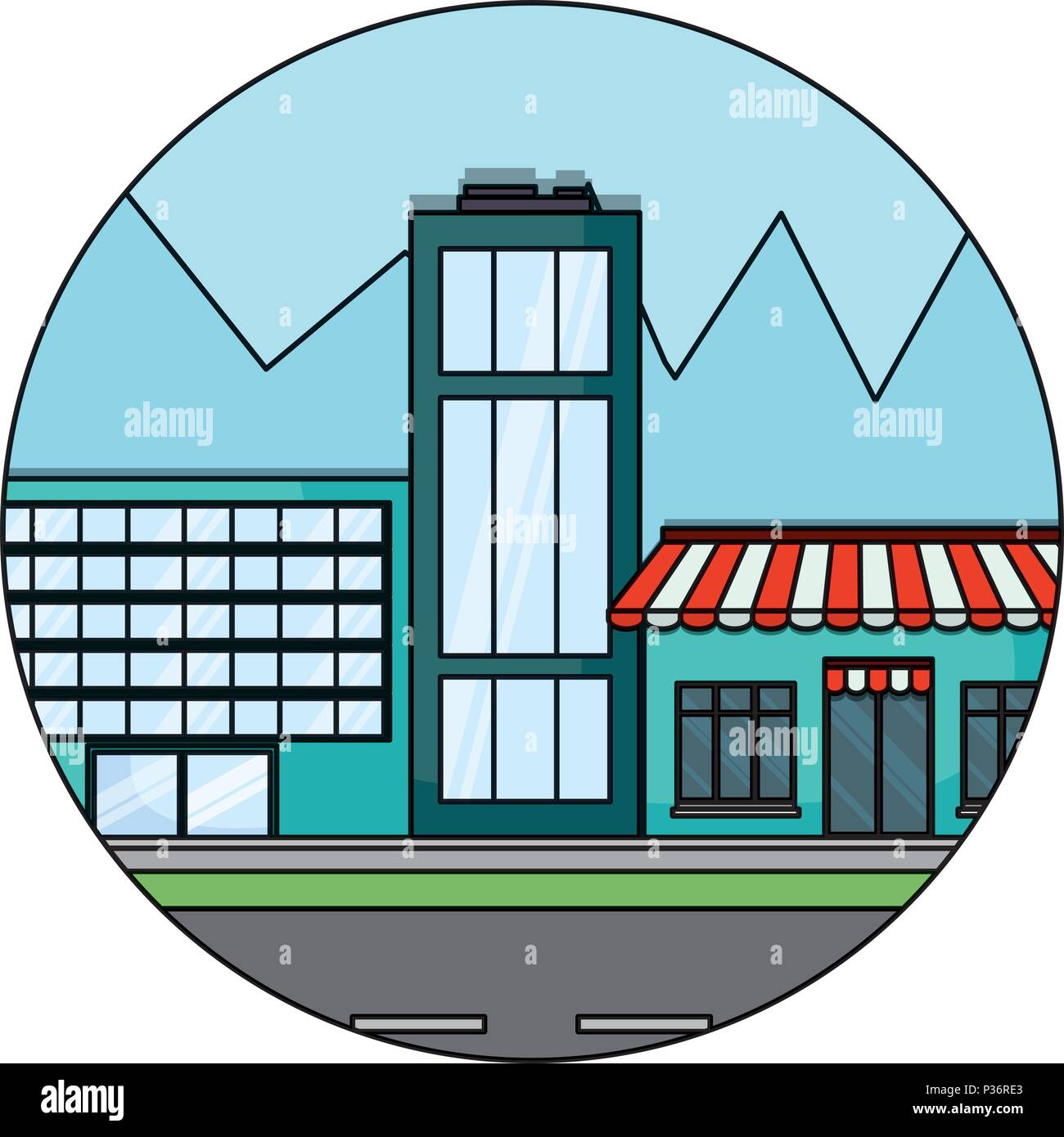 city buildings in circular shape over white background, colorful design ...