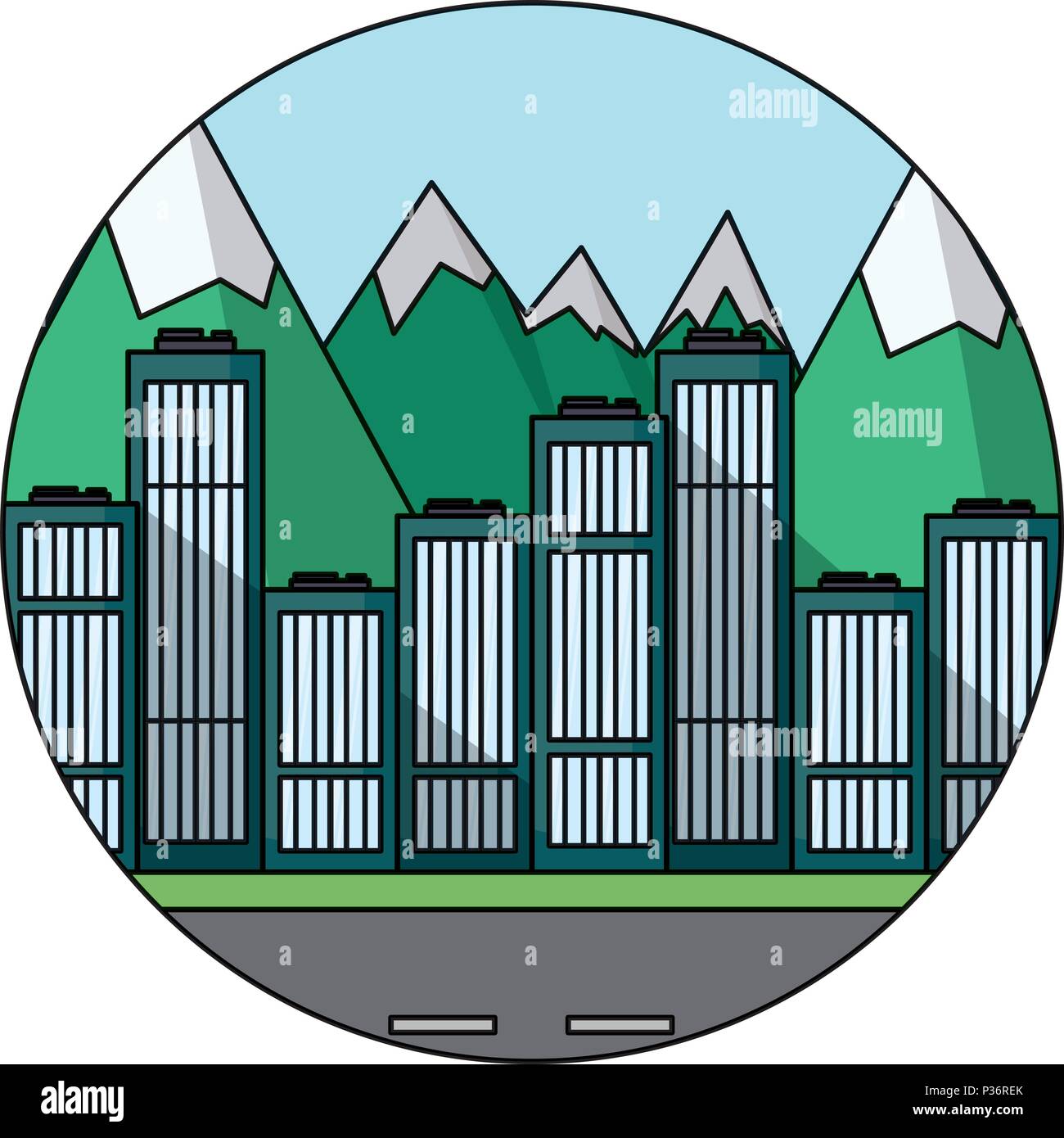 city buildings over mountains landscape in circle shape over white ...