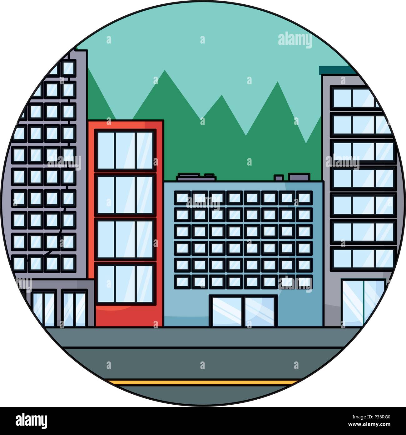 city buildings in circular shape over white background, colorful design ...