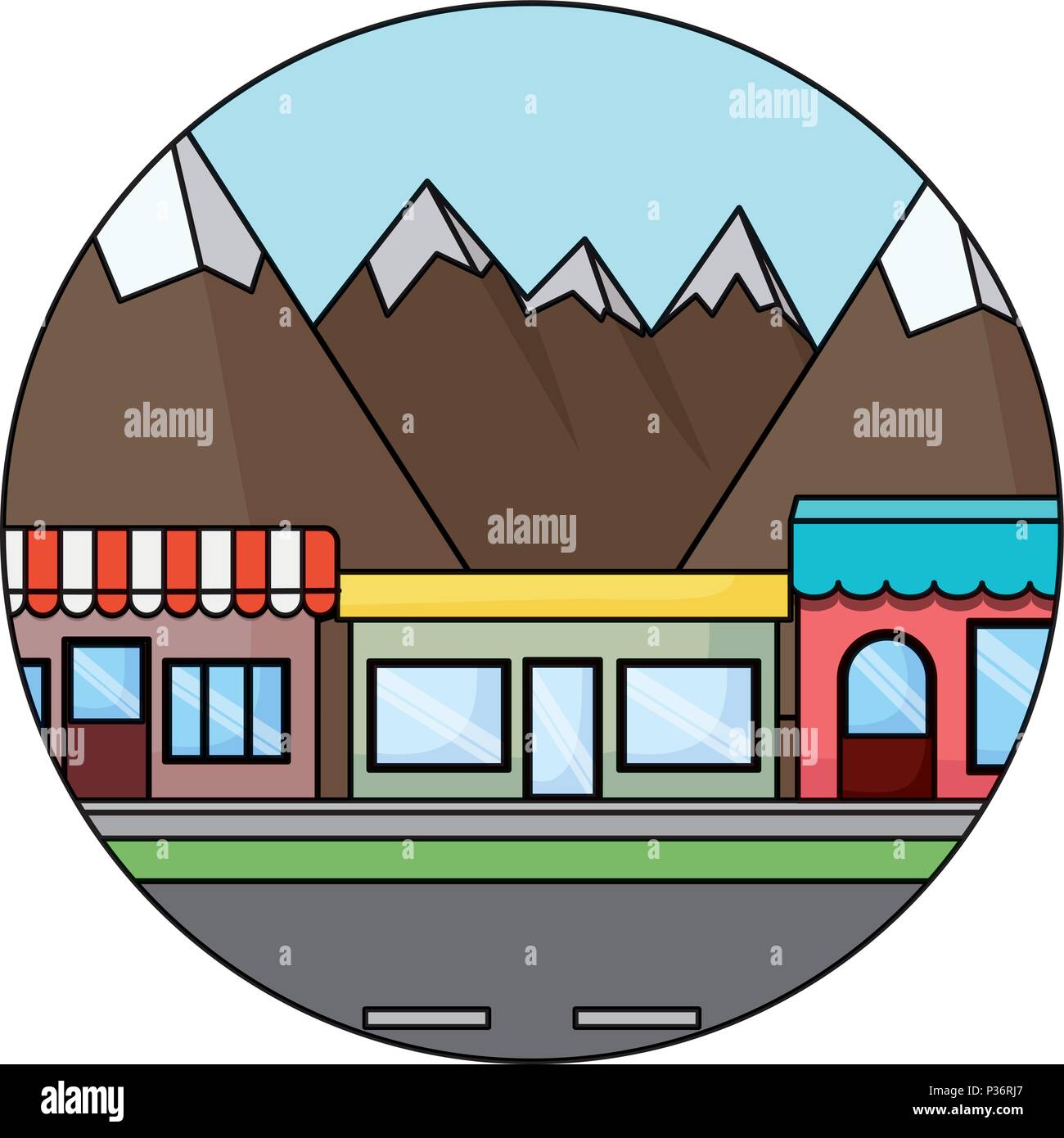 street with stores and buildings over mountains landscape in circular ...