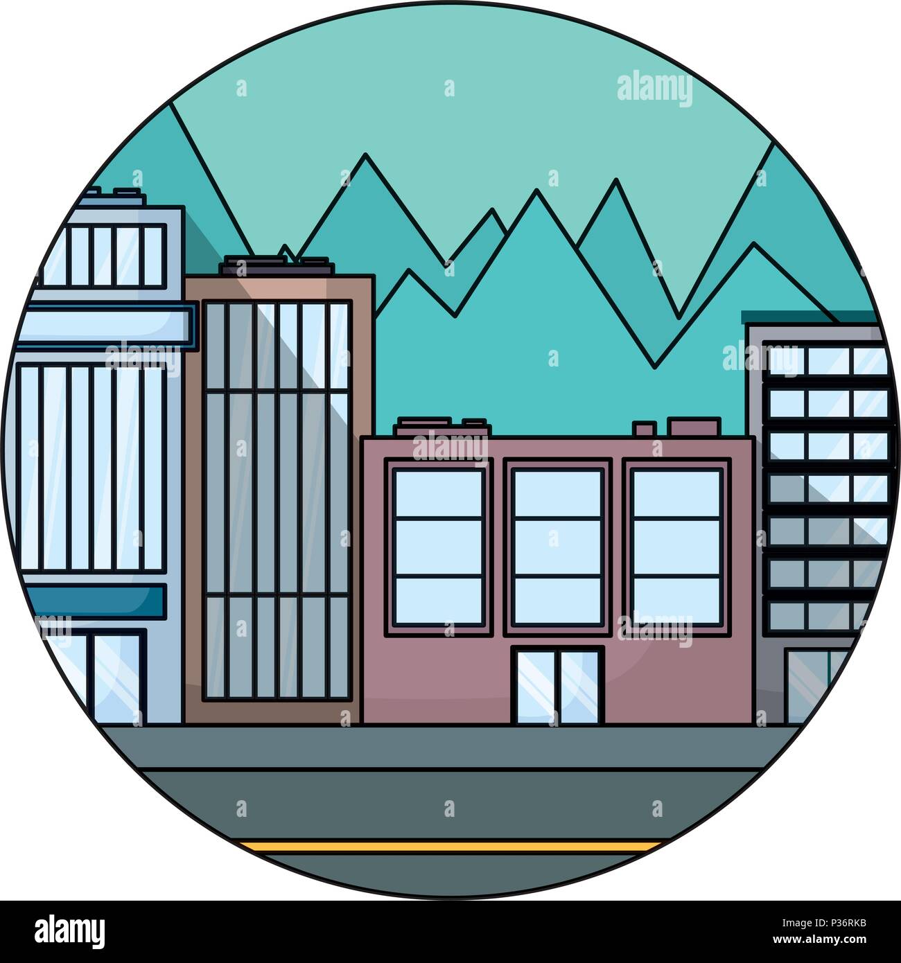 circular shape with city buildings over landscape and white background ...