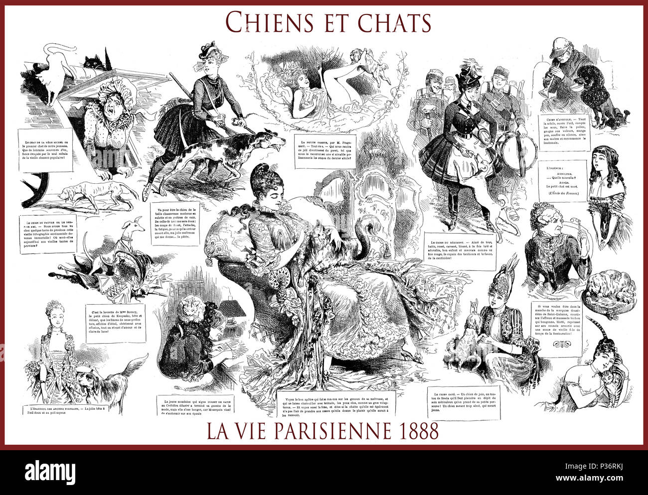 French satirical magazine La vie Parisienne 1888, central page: Chiens ...