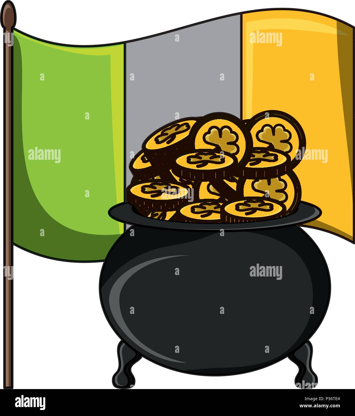 ireland flag with pot of gold with coins over white background, vector ...