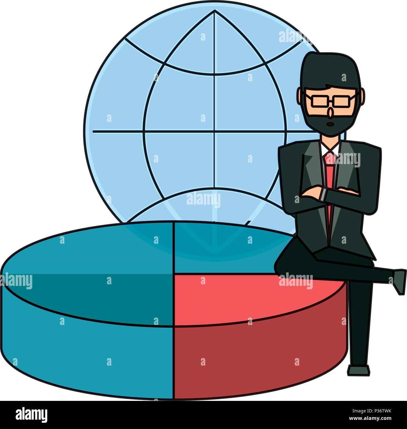 cartoon businessman sitting on pie chart over global sphere and white ...