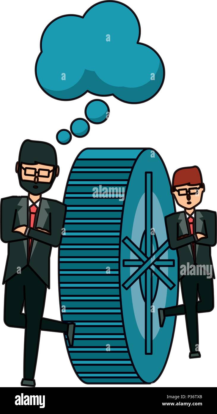 cartoon businessmen with speech bubble and next to a gear wheel over ...