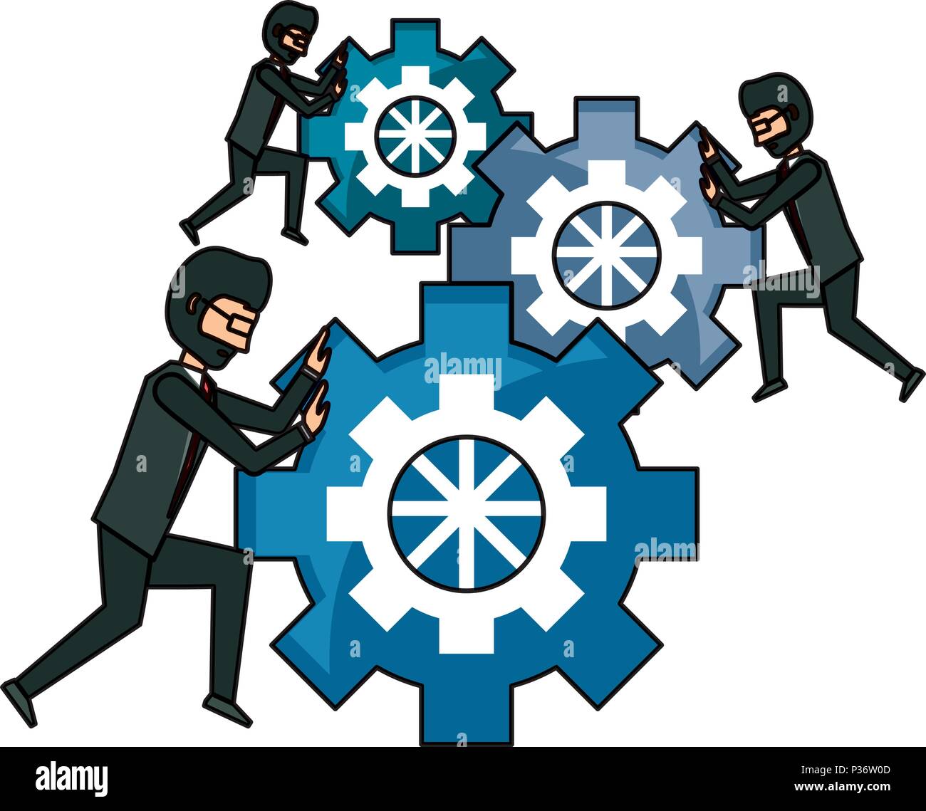 businessmen pushing a gear wheels over white background, vector ...