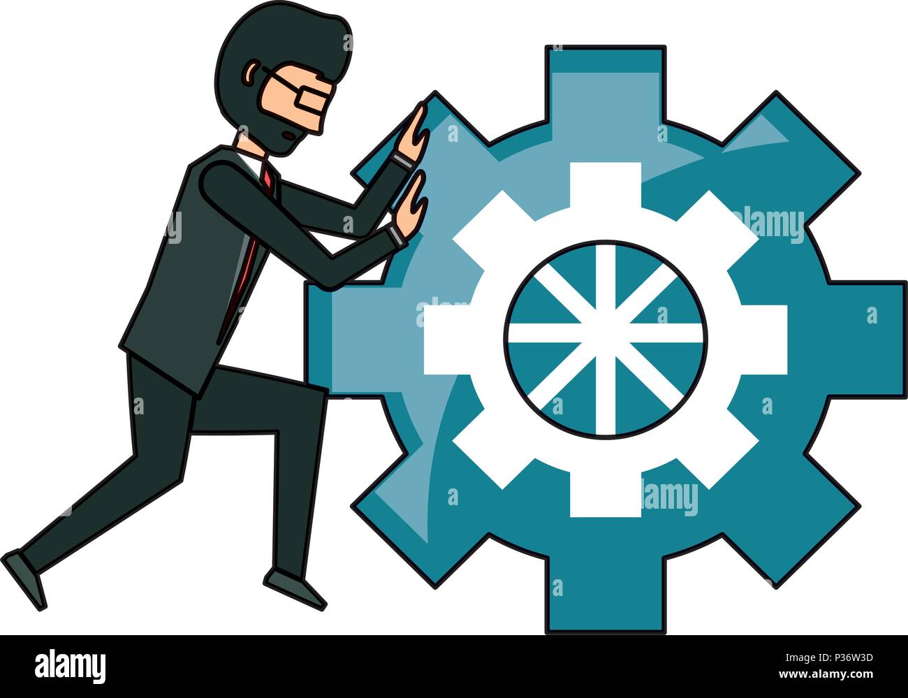 businessman pushing a gear wheel over white background, vector ...