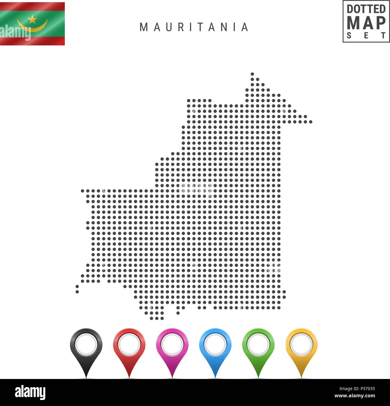 Vector Dotted Map of Mauritania. Simple Silhouette of Mauritania. Flag of Mauritania. Set of ...