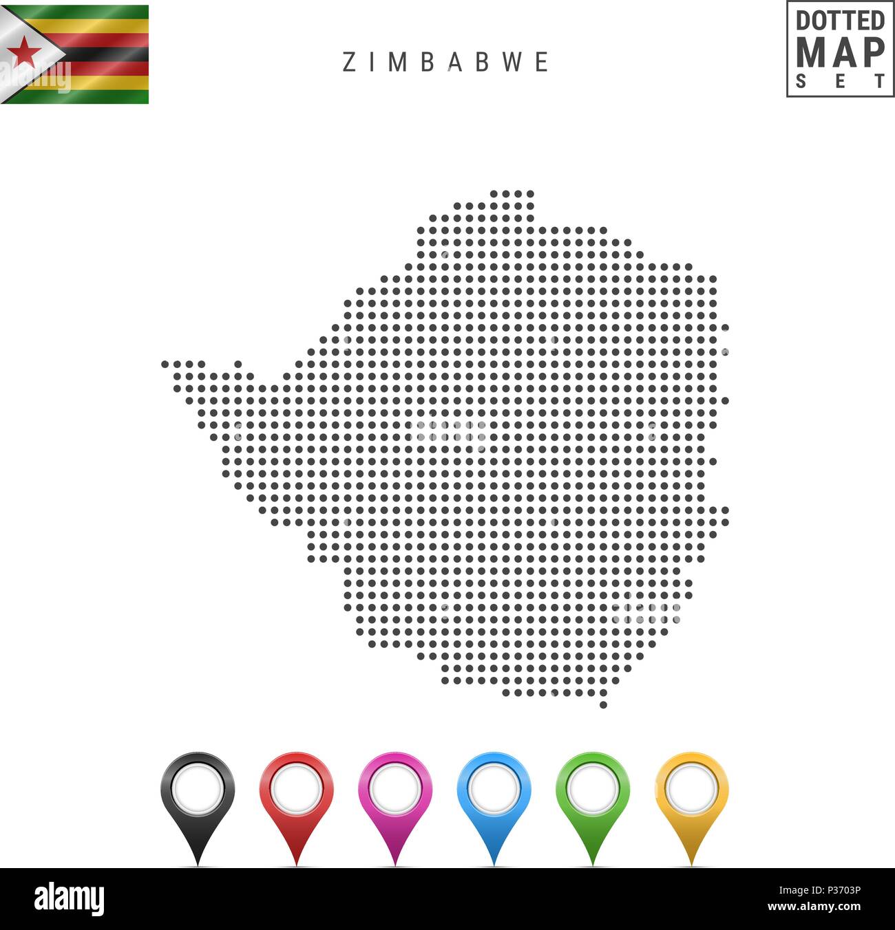 Vector Dotted Map of Zimbabwe. Simple Silhouette of Zimbabwe. National Flag of Zimbabwe. Set of ...
