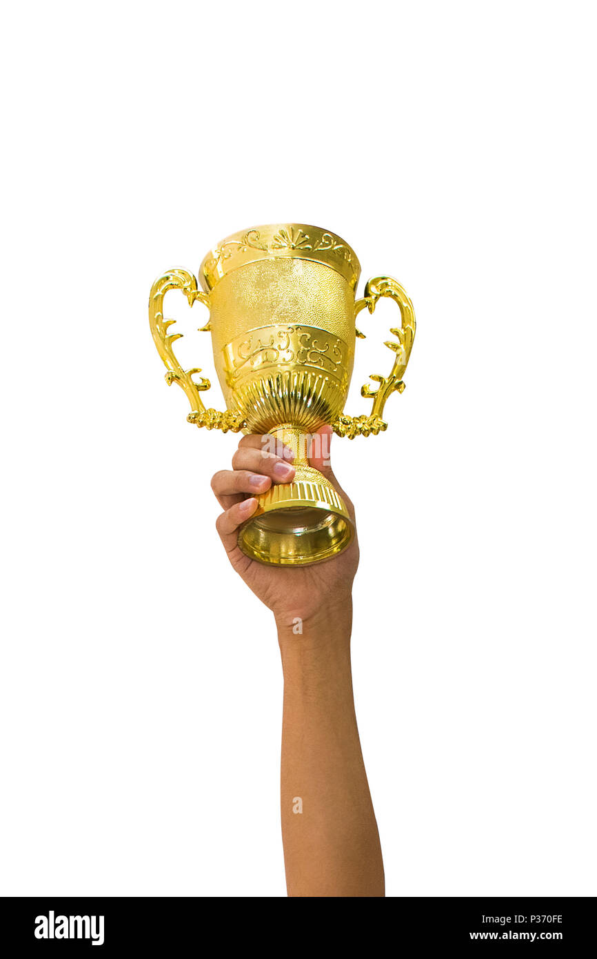 Man hands holding golden cup, congratulations and winner on success ...
