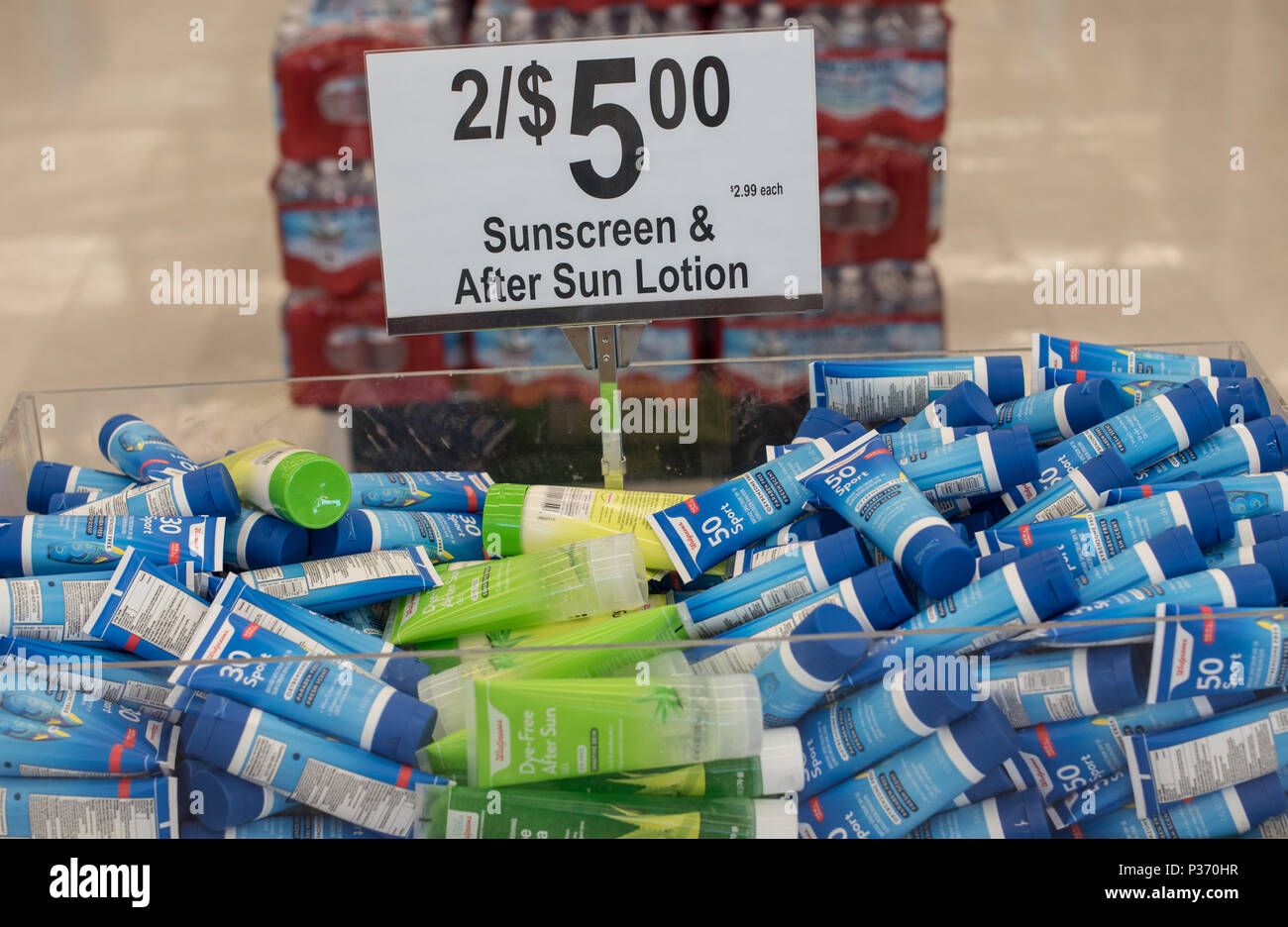 Inside the interior of a walgreens supermarket showing aftersun lotion ...