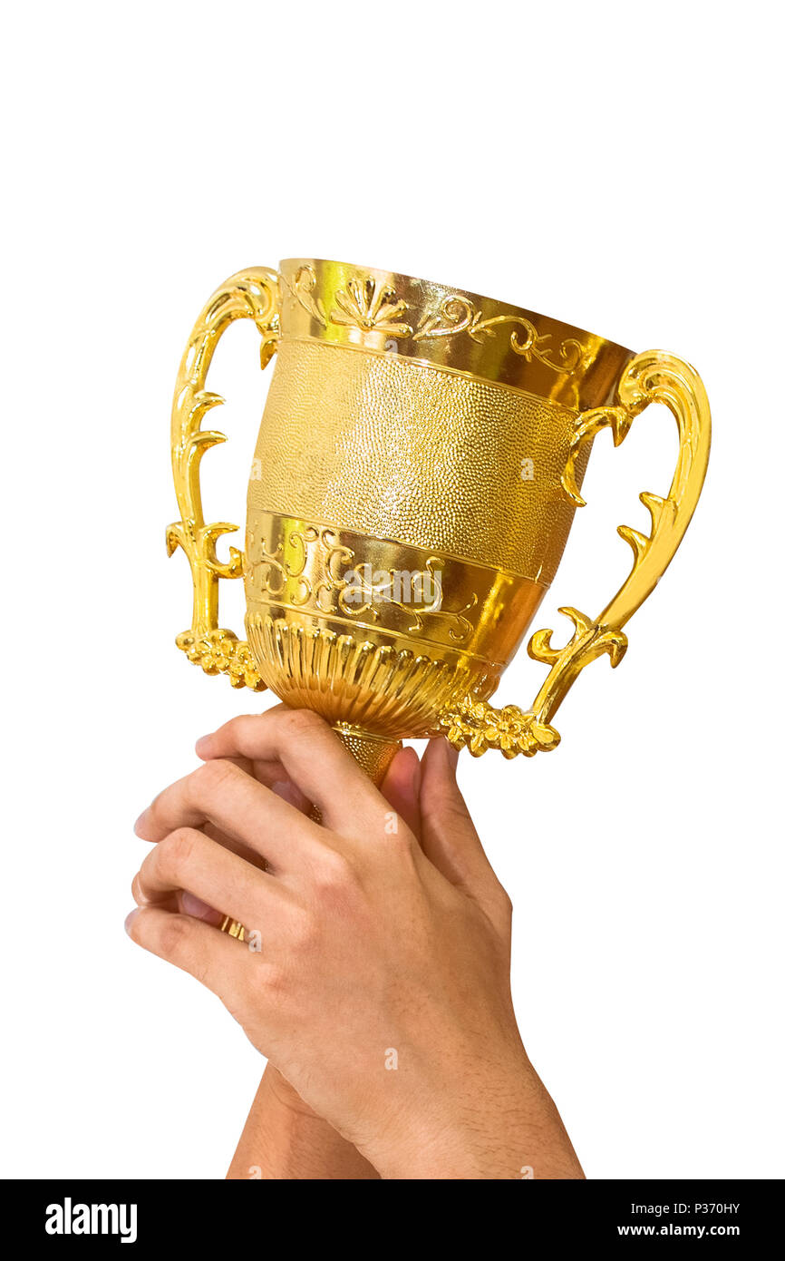 Man hands holding golden cup, congratulations and winner on success ...