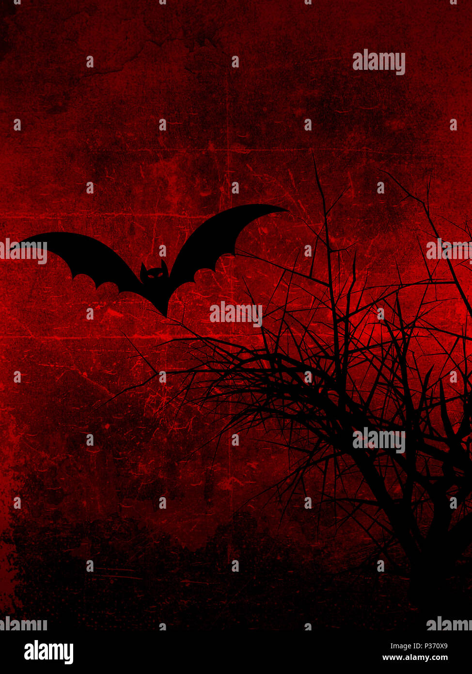 Dark grunge background with spooky tree and Halloween bat Stock Photo ...