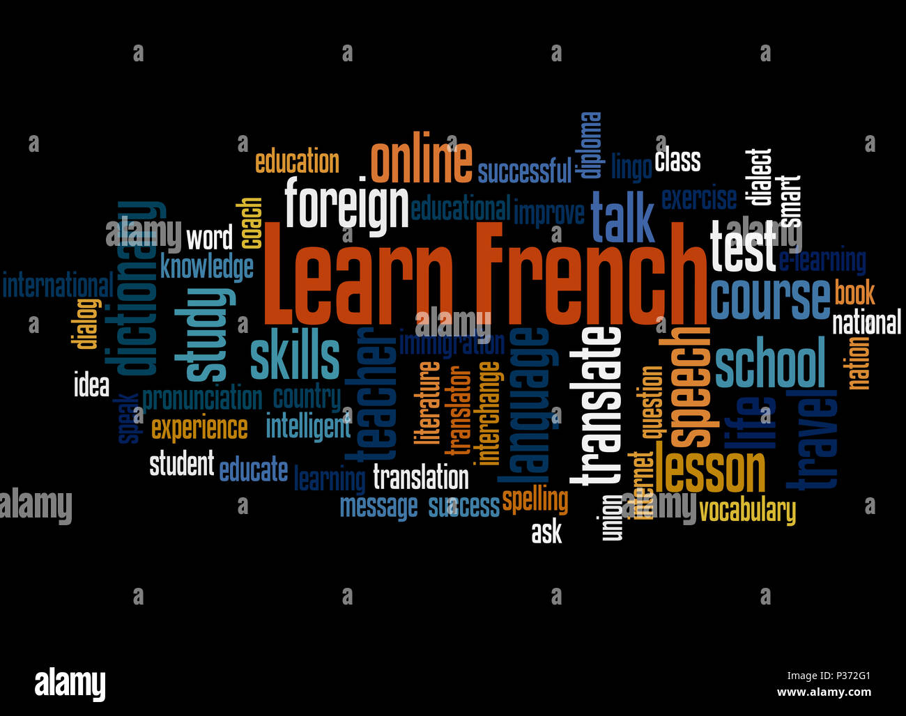 Learn French, word cloud concept on balck background Stock Photo - Alamy