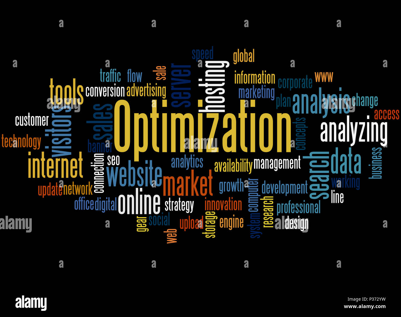 Optimization, word cloud concept on black background Stock Photo - Alamy