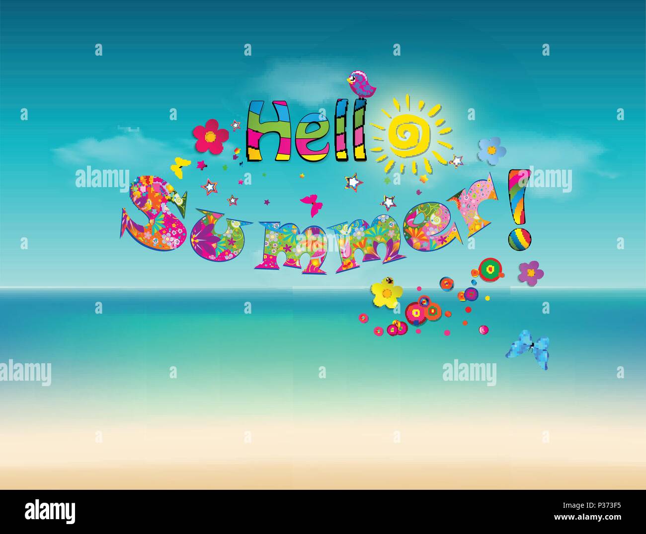 Hello summer vector cartoon lettering typography with cute elements as ...