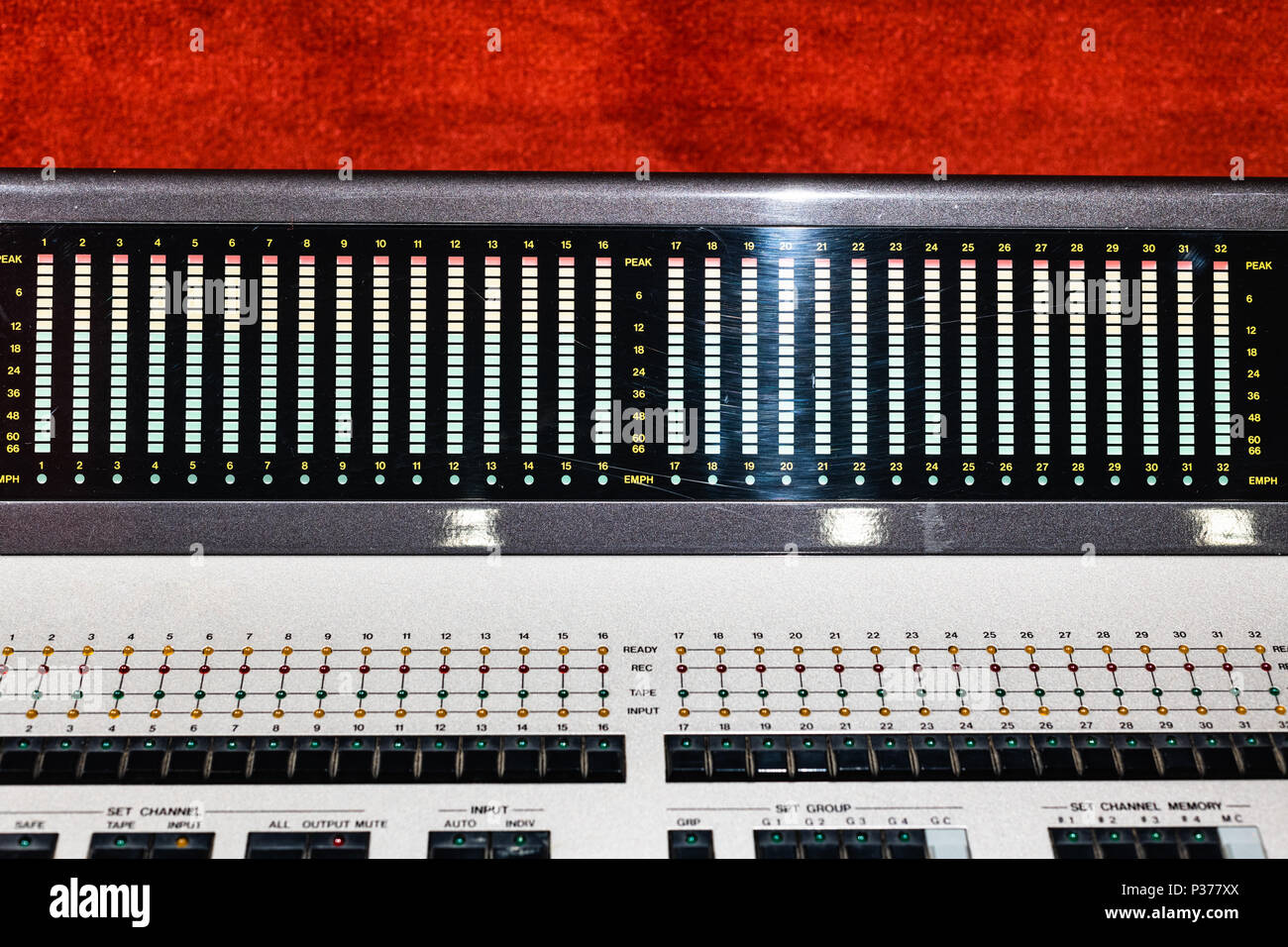 Close up of vintage sound studio multitrack mixer audio equipment ...