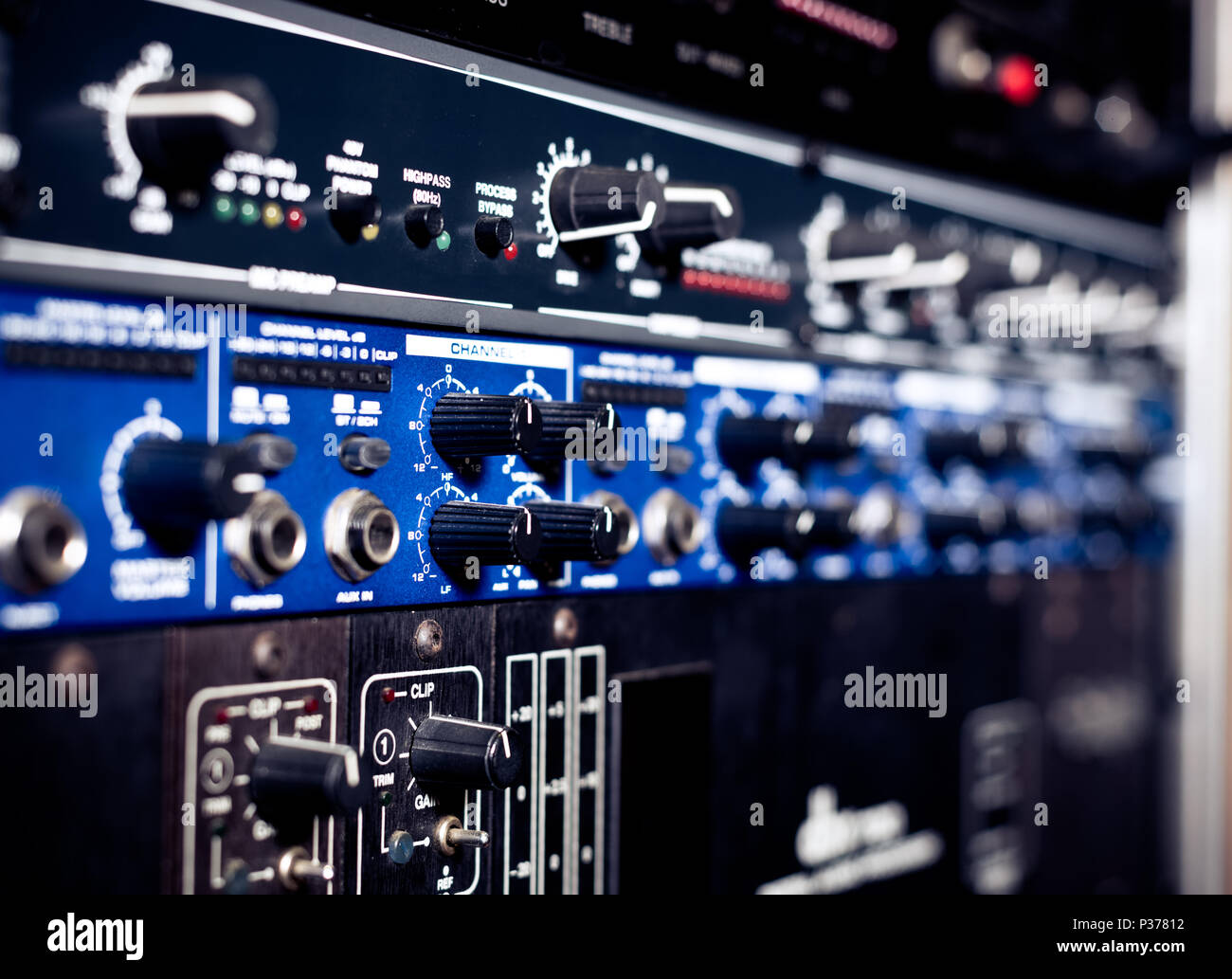 Macro close up of vintage sound studio audio equipment control panel ...