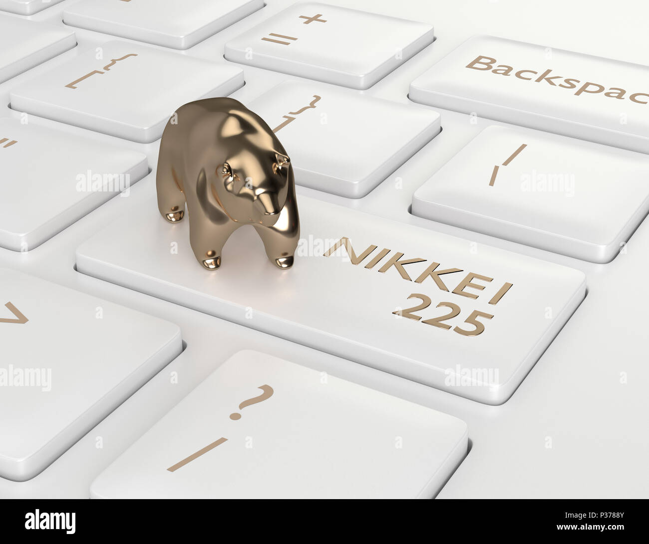 3d render closeup of computer keyboard with bear and NIKKEI 225 index ...