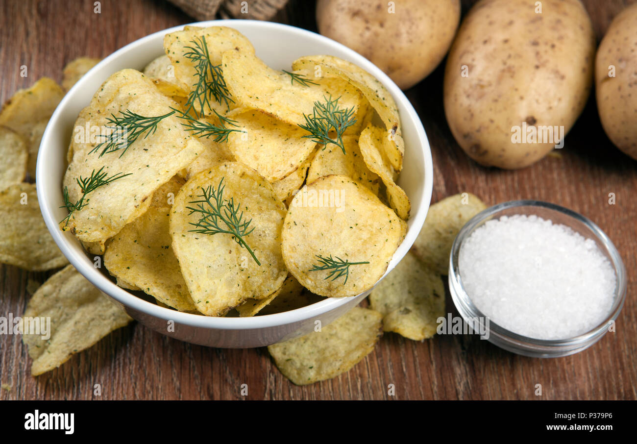 still life from a glass bowl with potato chips close up Stock Photo - Alamy