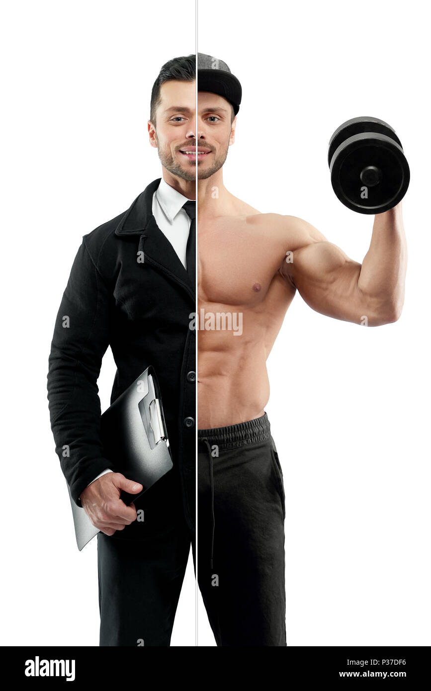 Comparison of businessman and bodybuilder's outlook. Fitnesstrainer ...