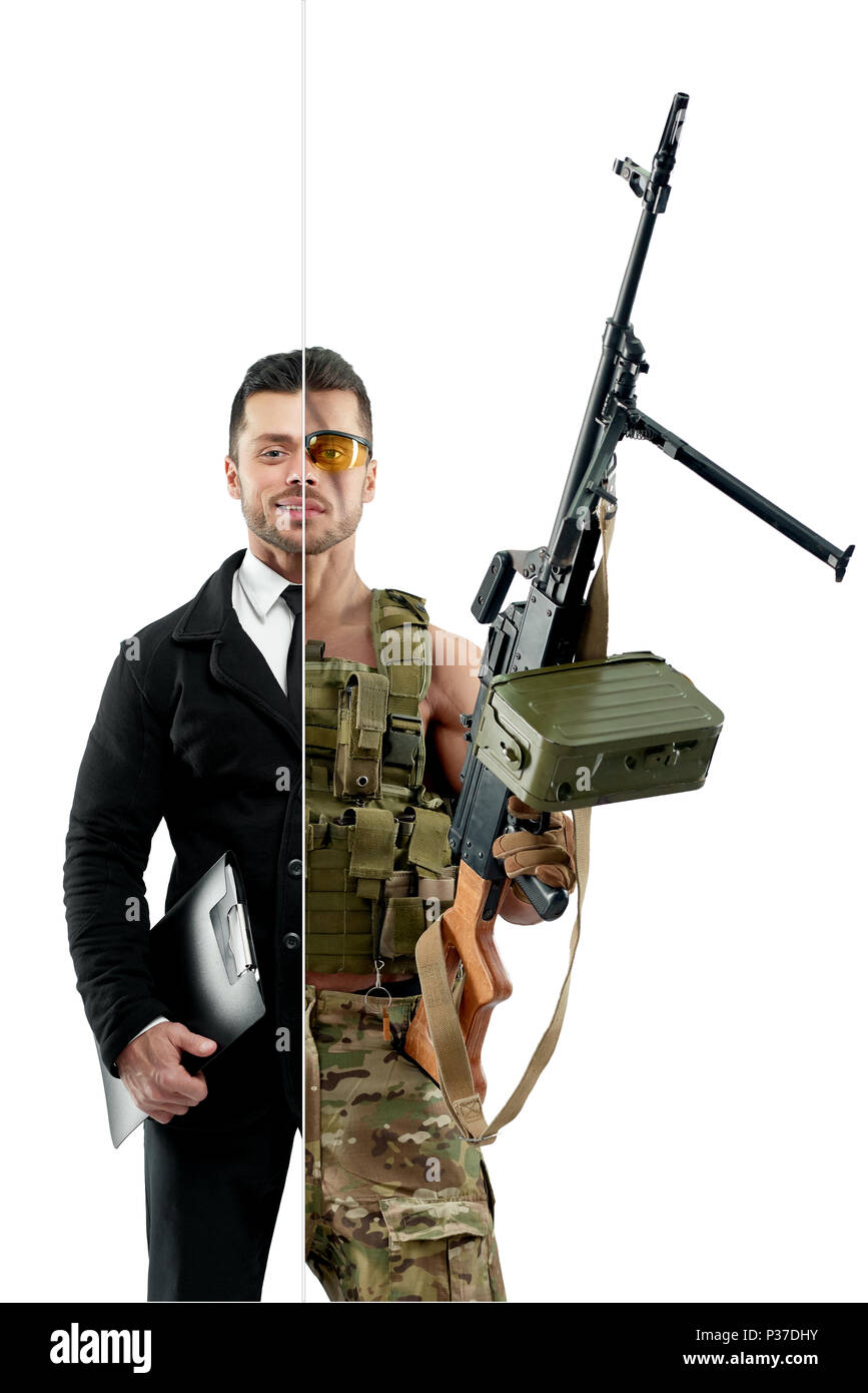 Comparison of businessman soldier's outlook. Businessman wearing ...