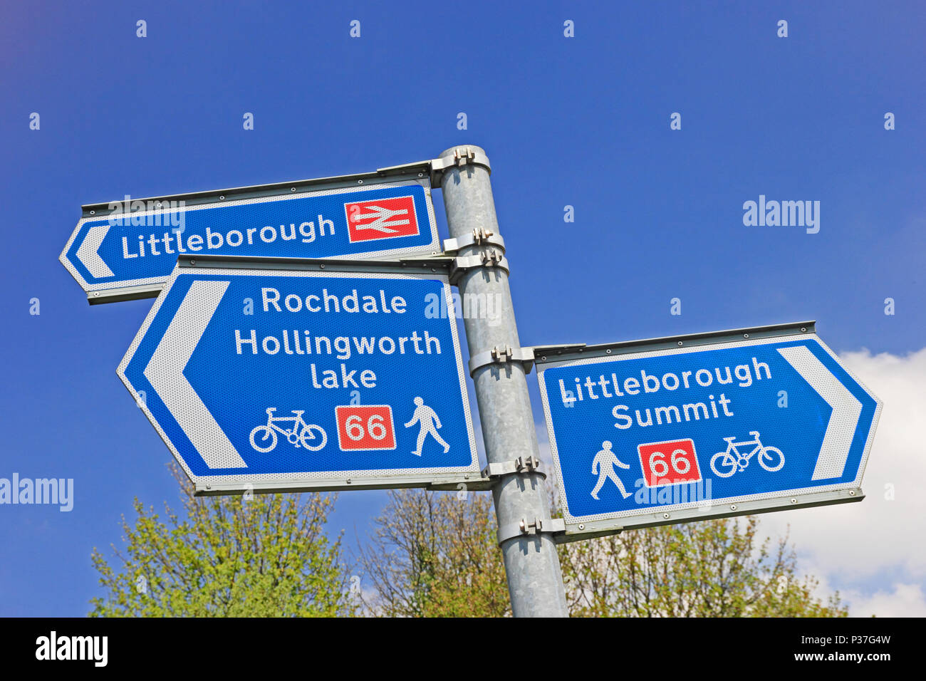 Blue sign showing directions, Littleborough, Lancashire Stock Photo - Alamy
