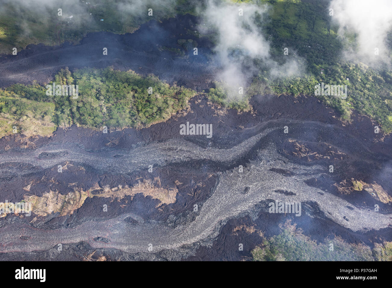 Aerial view of lava flows from the eruption of volcano Kilauea on ...