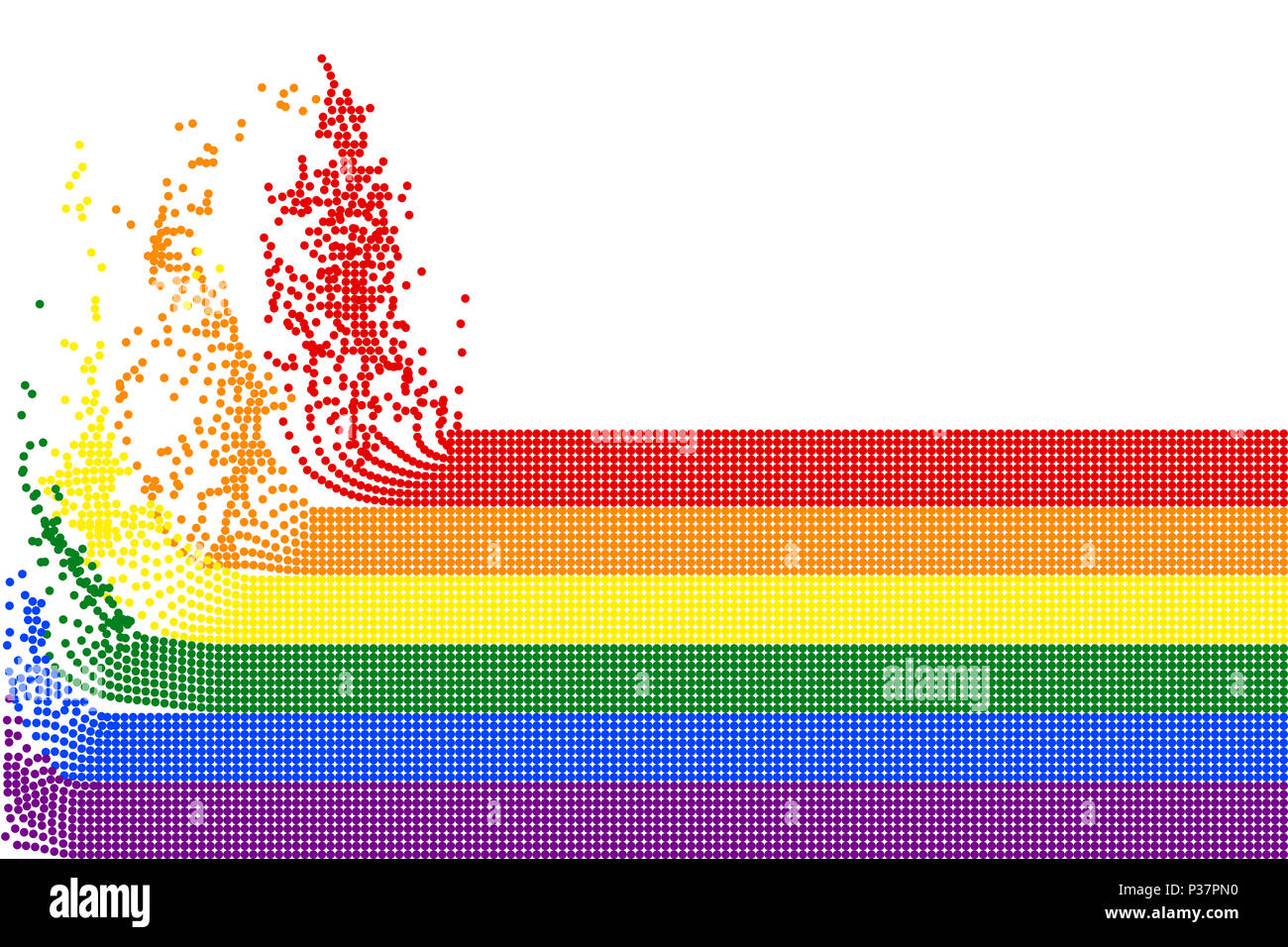 Colorful rainbow stripes of multi-colored flying dots on white ...