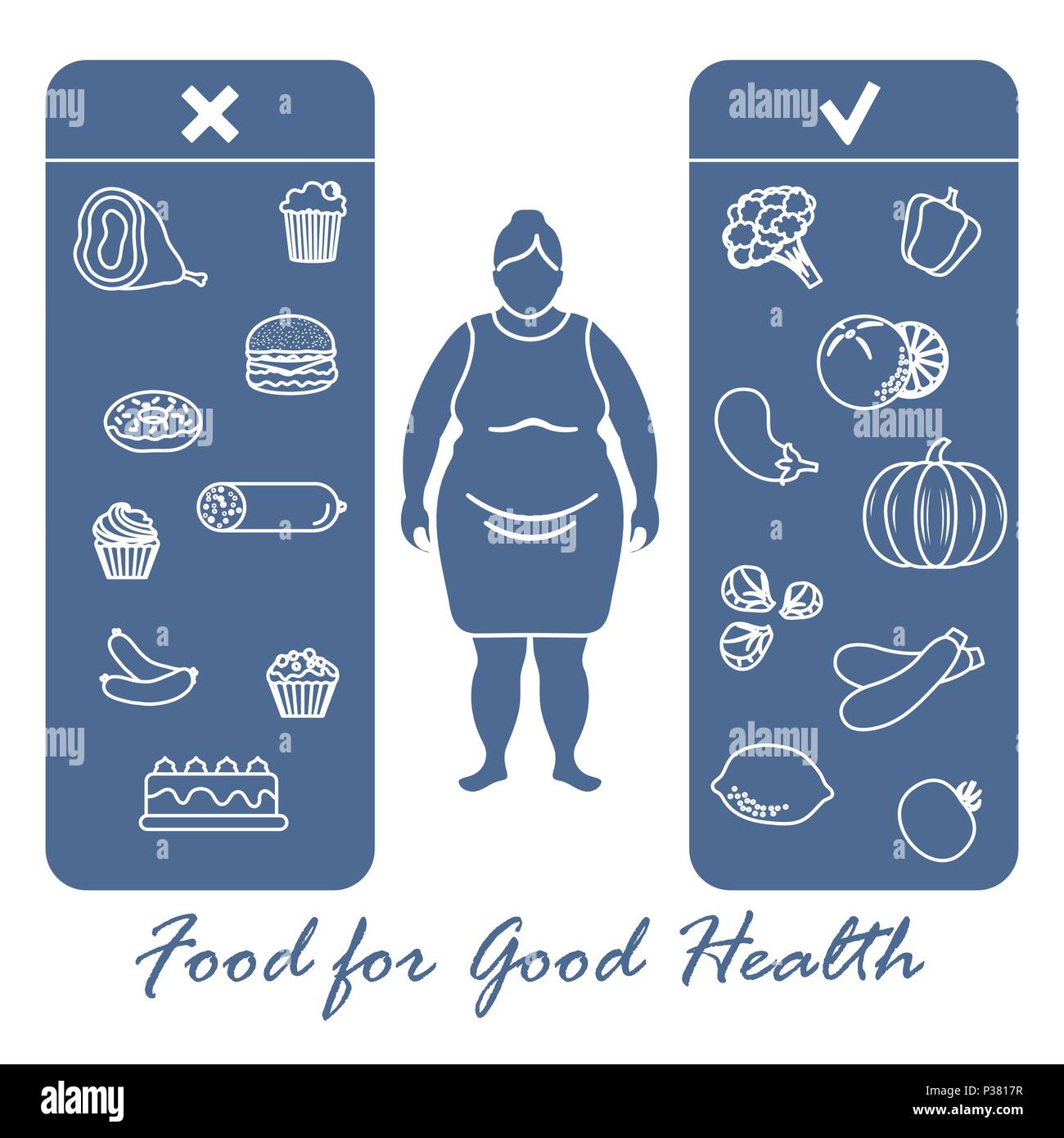 Fat woman with and useful and harmful food. Proper nutrition with ...