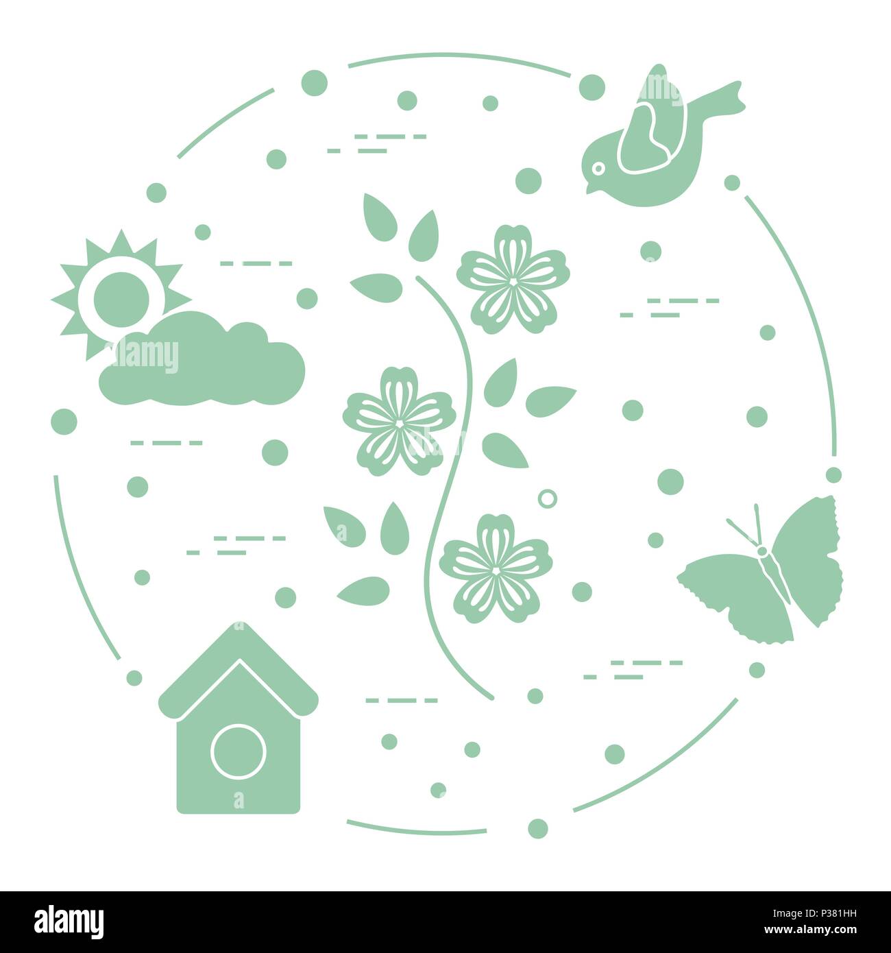 Sun, cloud, bird, flower, butterfly, birdhouse. Spring theme. Template ...