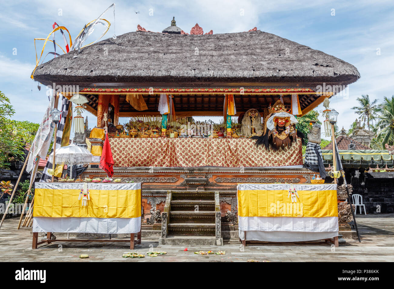 Temple bale decorated for Melasti, Balibese Hindu ceremony of purification. Offerings, Barong ...
