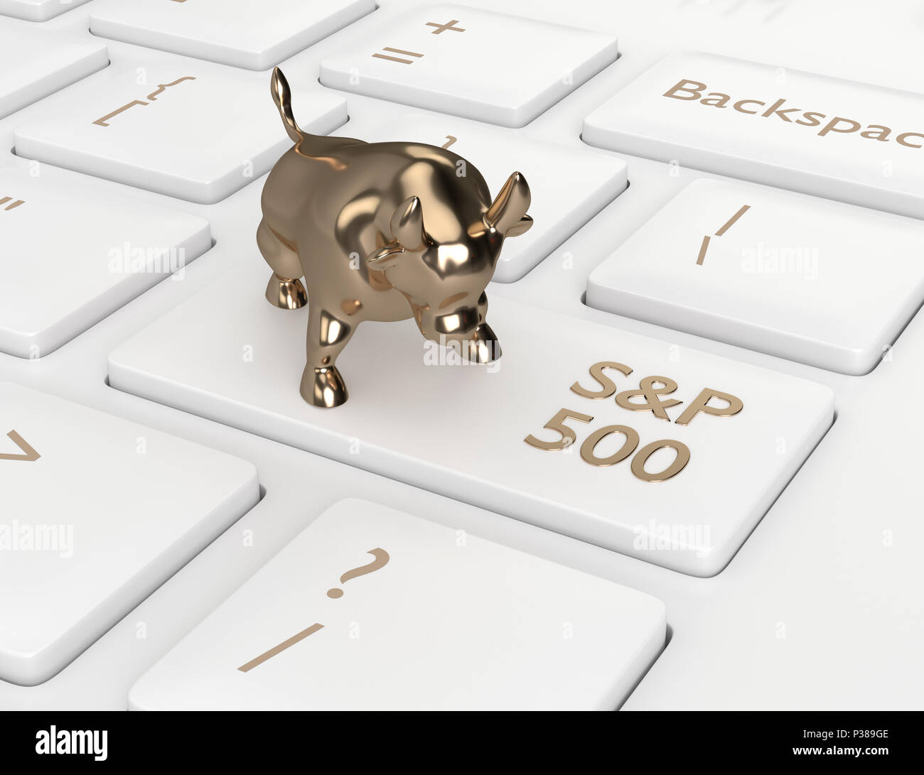 3d render closeup of computer keyboard with bull and S&P 500 index ...