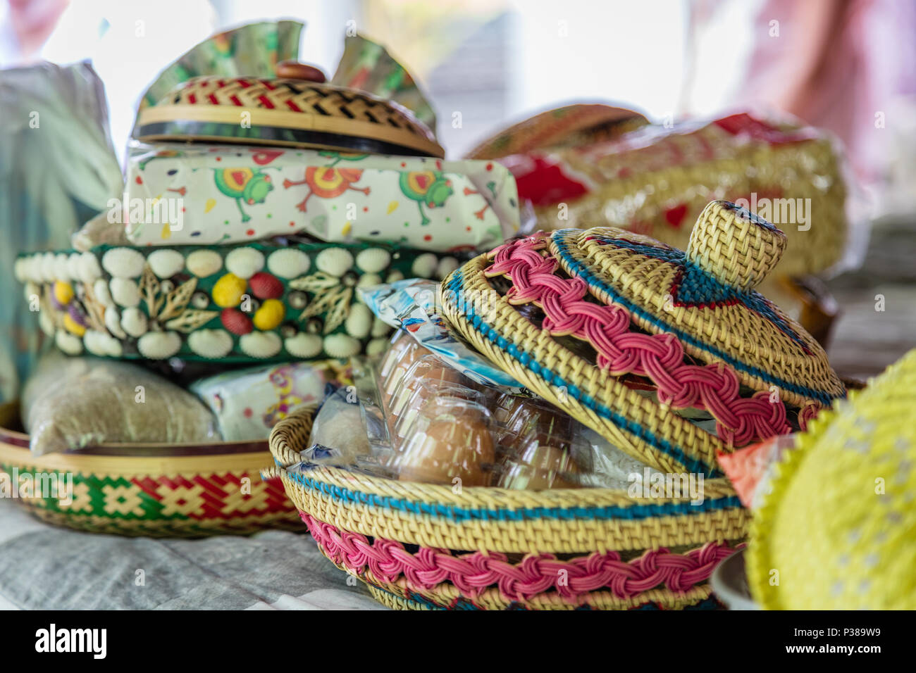 Traditional Balinese offerings for a family ceremony - rice, eggs ...