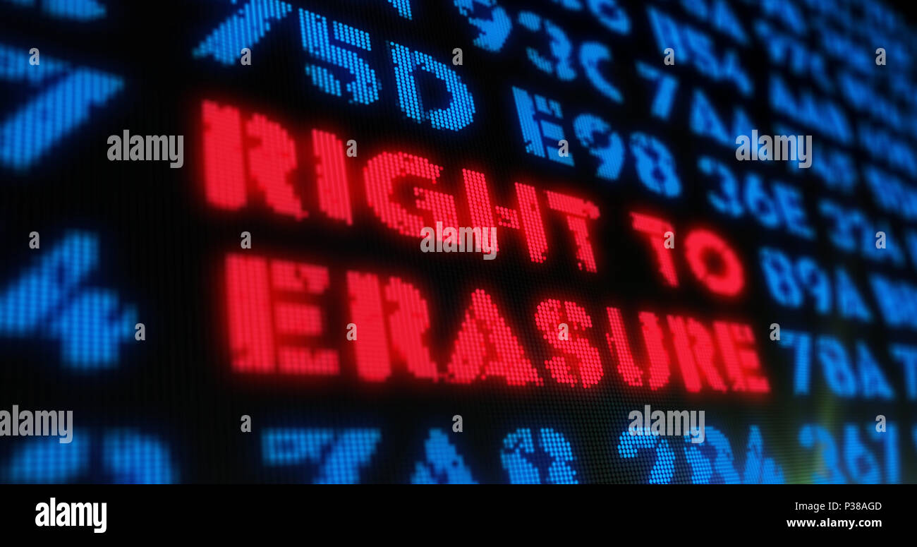 Right to erasure concept on digital background. Red alert and text in ...