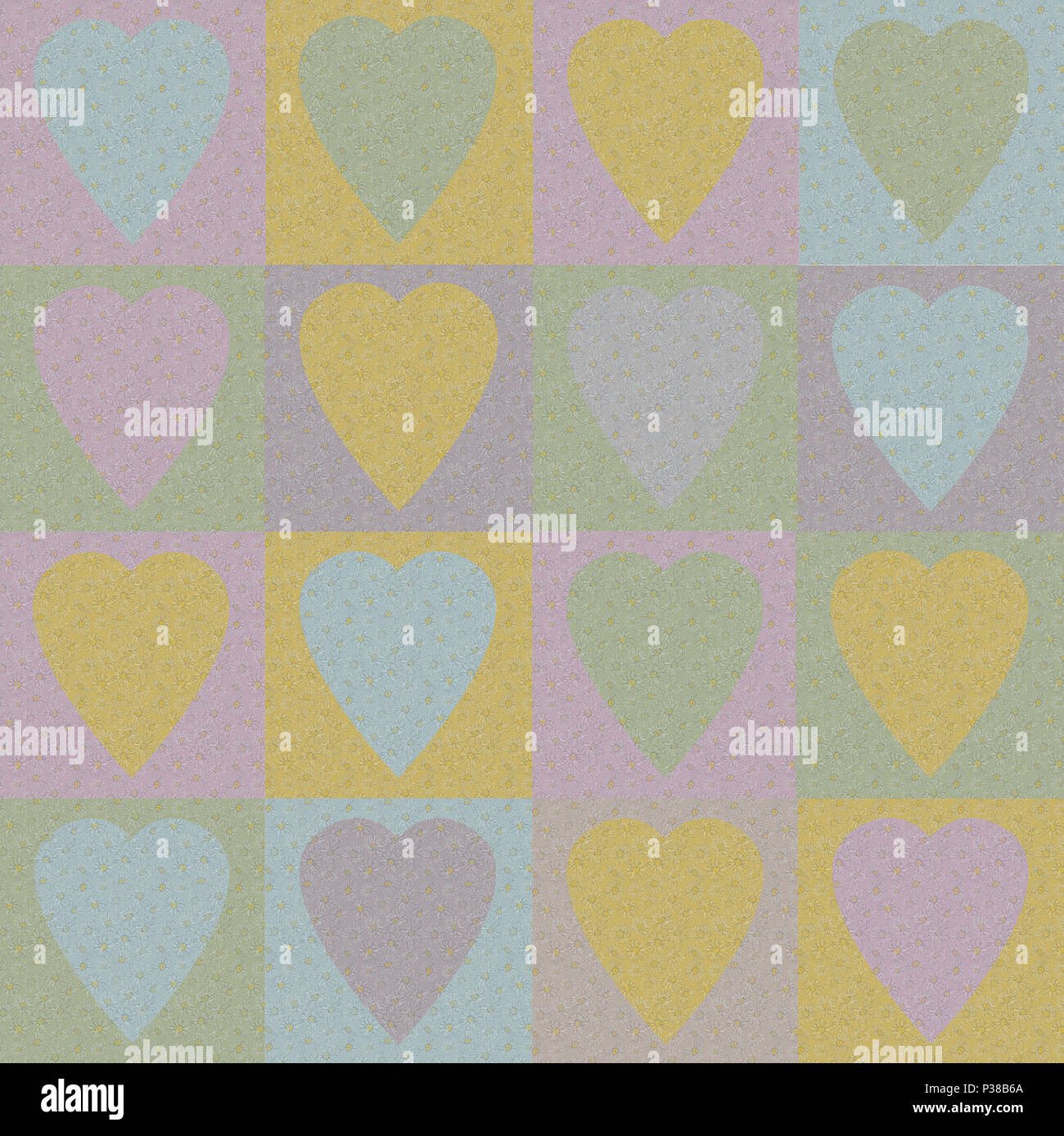 Daisy Line Drawing Seamless Pattern with Heart Shape Underlay in Pastel ...