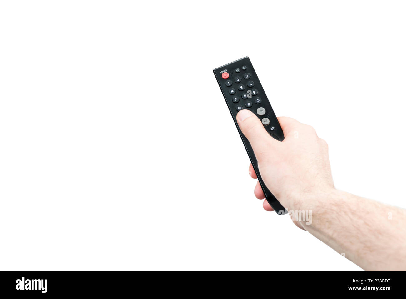 Man in hand holding a remote control, pressing a button, isolated on ...