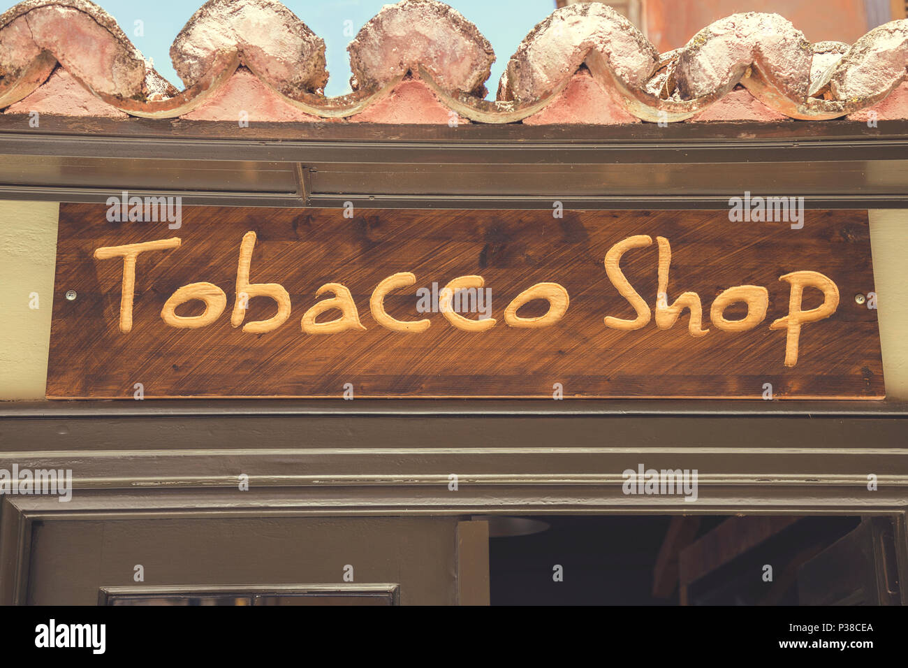 Tobacco Shop, wooden sign at the entrance in tobacco shop. Vintage ...