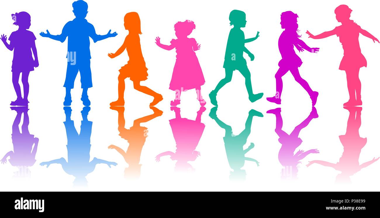 Colored silhouettes of children on a white background. Young children ...