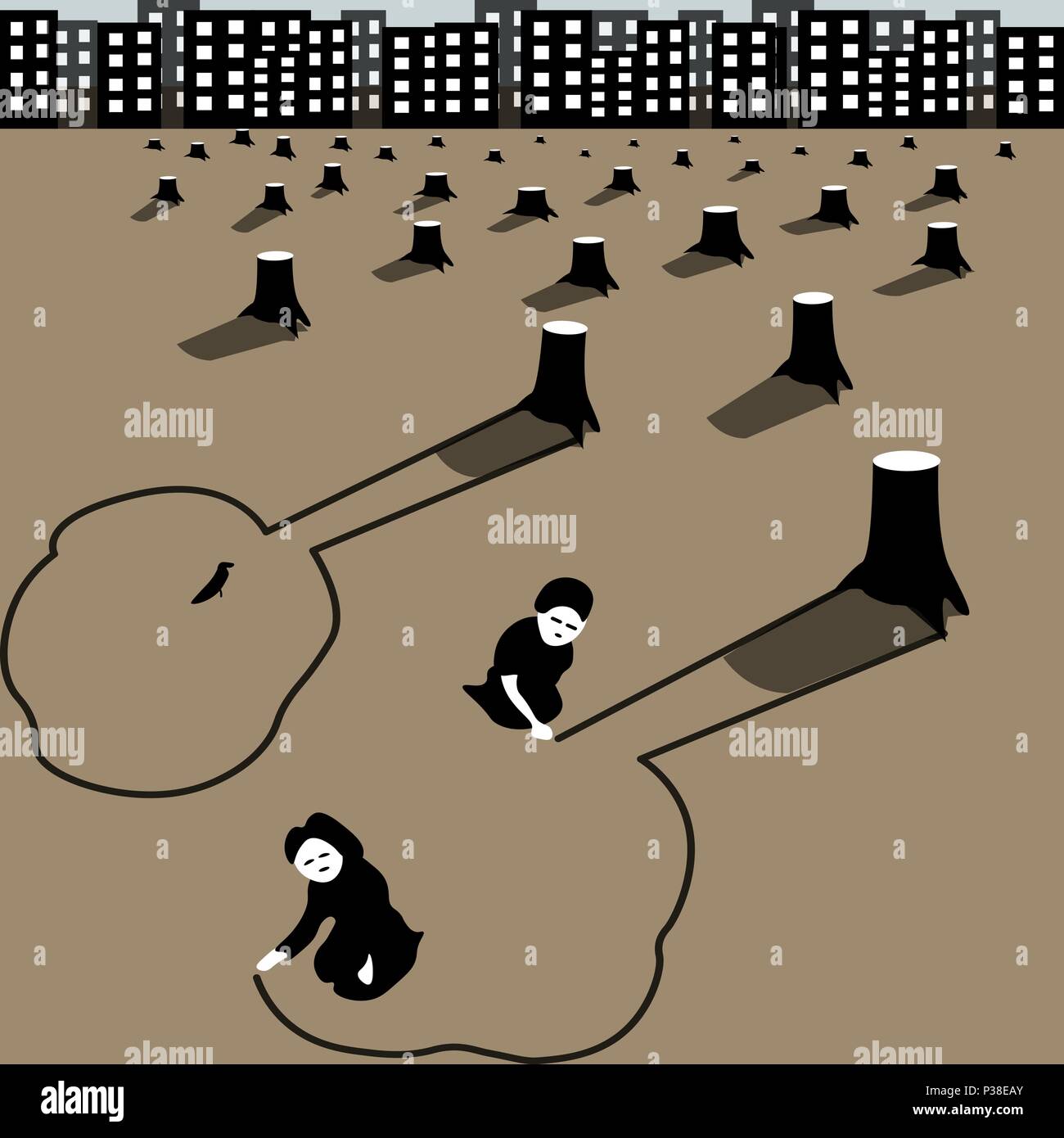 Children draw trees from stumps. Vector illustration. Urbanization is ...