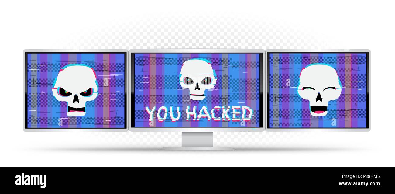 Funny and angry white hacker skull with you hacked text on glitch blue ...