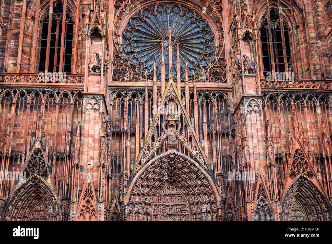 Huge tower and elegant exterior architecture of Notre dam of Strasbourg ...