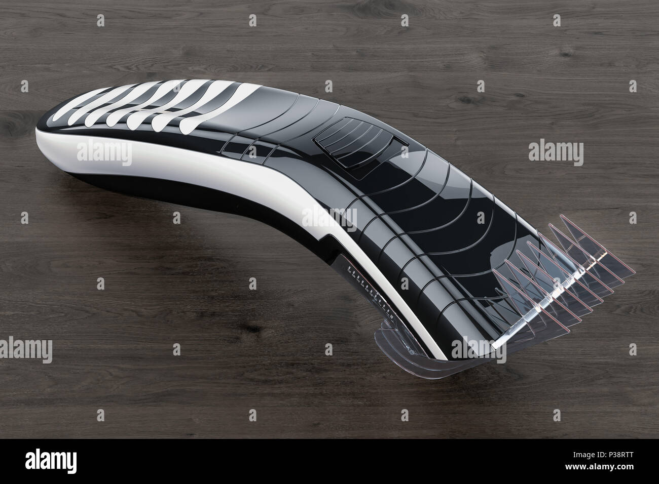 Electric hair clipper or trimmer on the wooden table, 3D rendering ...