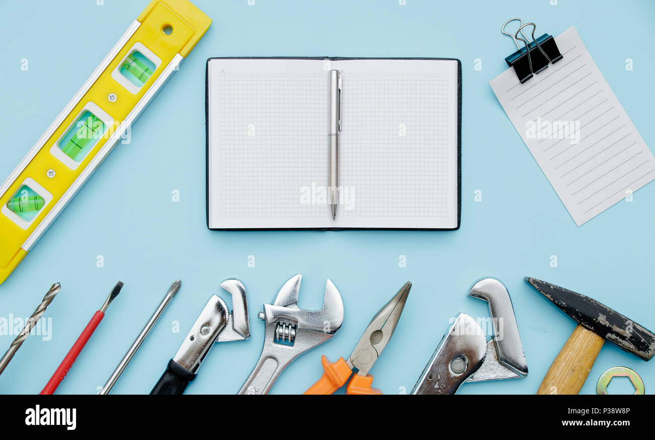 Set of construction tools as wrench, hammer, pliers, socket wrench ...