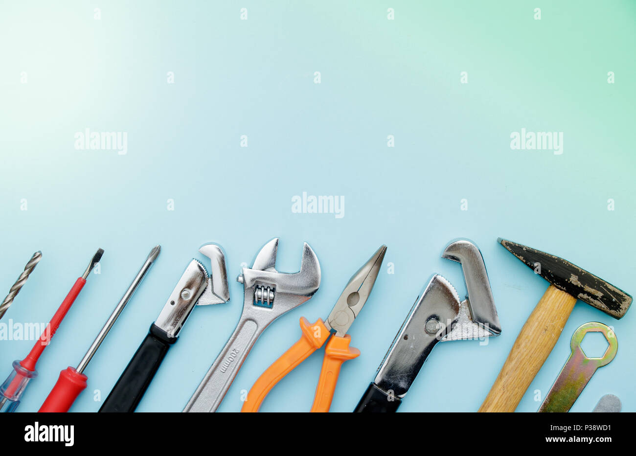 Top view of Working tools, wrench, socket wrench, hammer, screwdriver ...