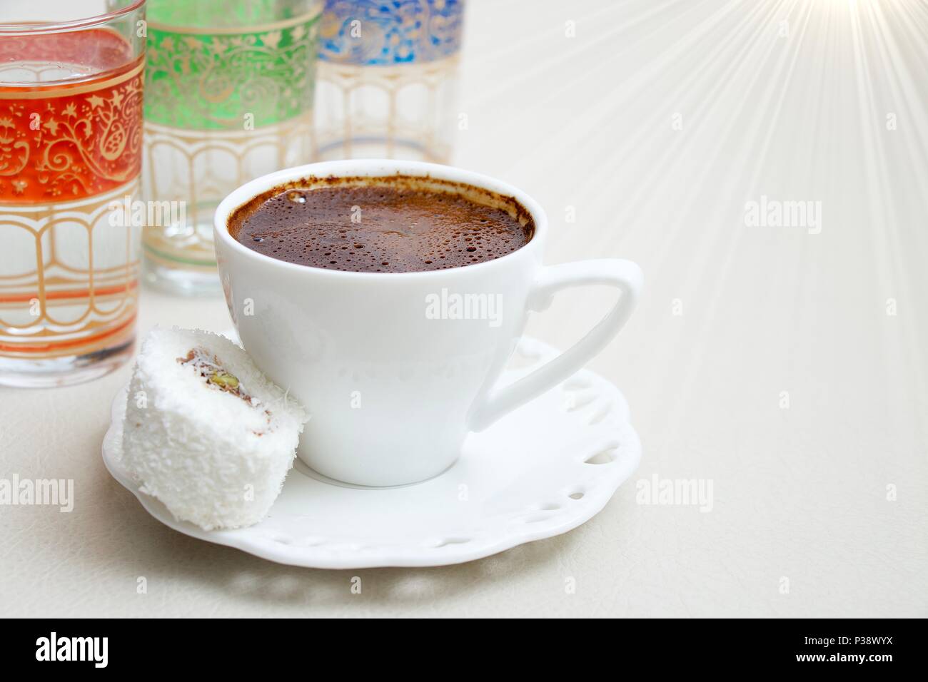 Turkish coffee with milk cream chocolate pistachio Turkish delight and ...
