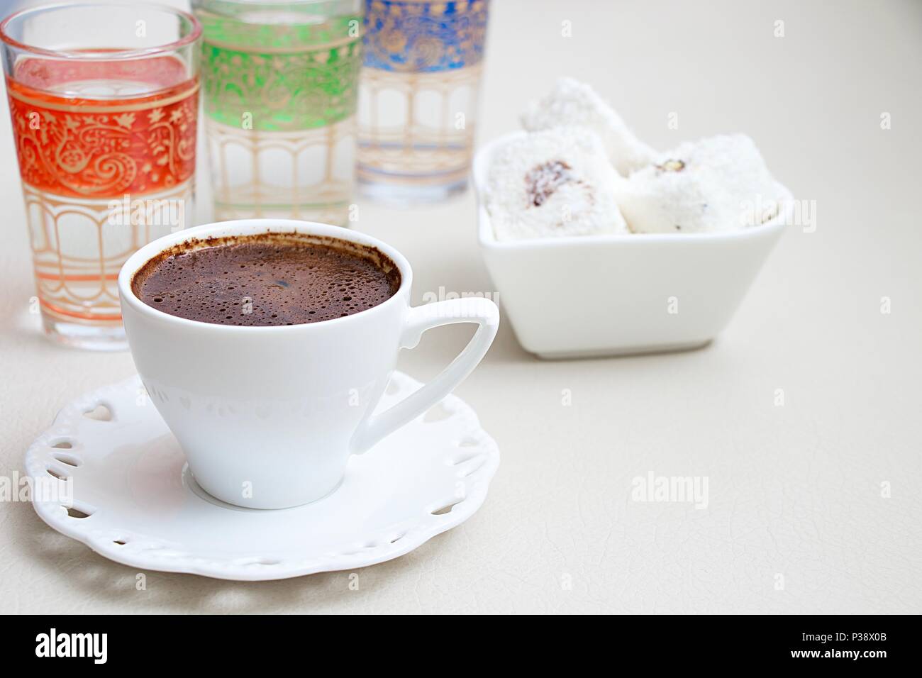 Turkish coffee with milk cream chocolate pistachio Turkish delight and ...