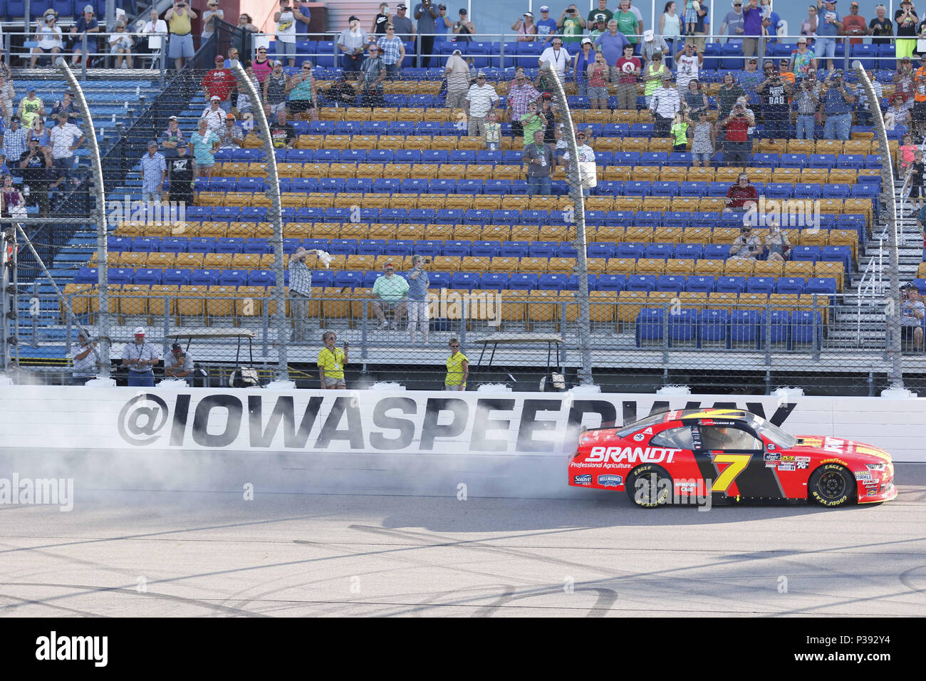 Newton, Iowa, USA. 17th June, 2018. Justin Allgaier (7) wins the Iowa ...