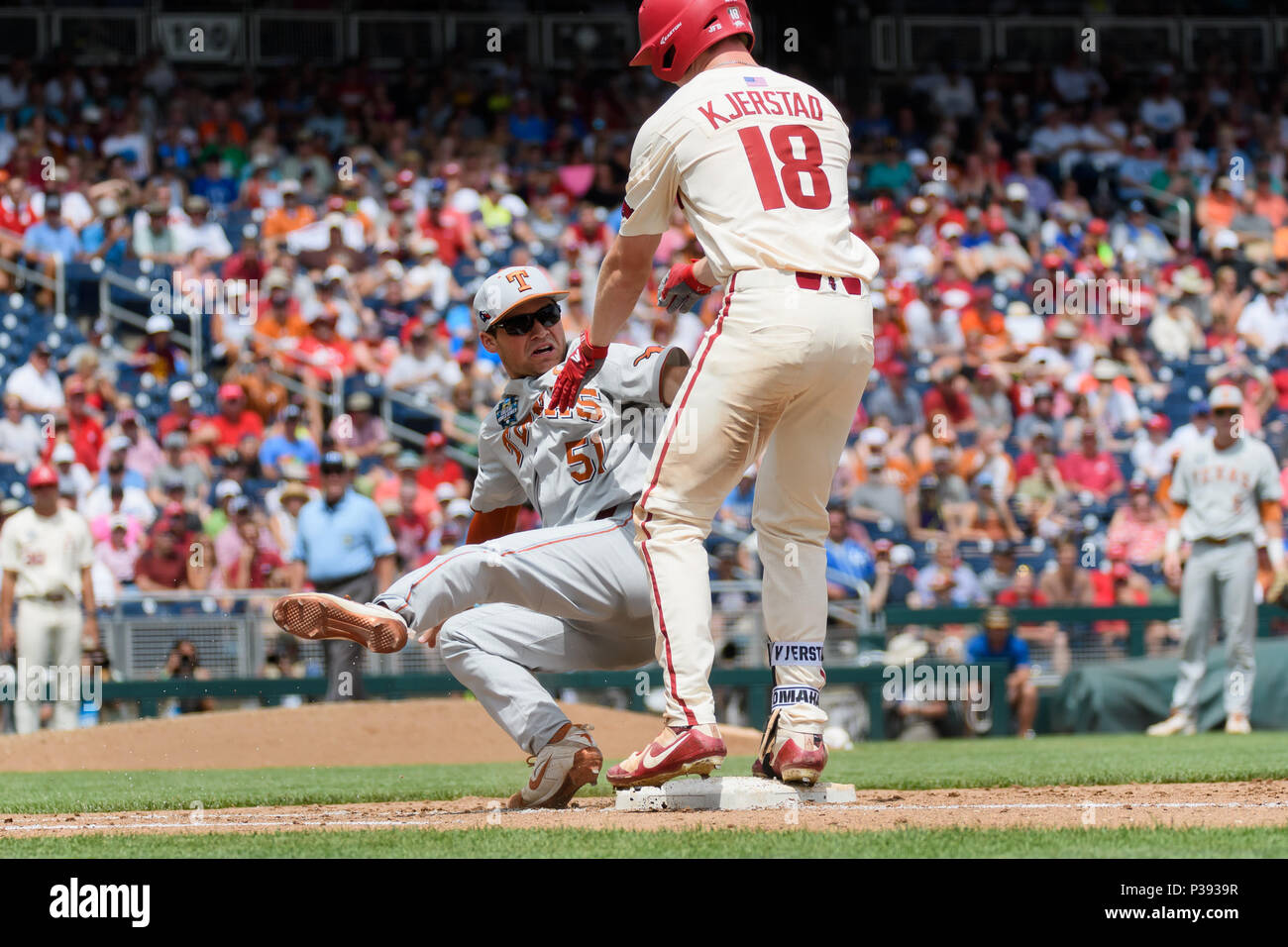 Omaha, NE U.S. 17th June, 2018. Texas first baseman Jake McKenzie #51 ...