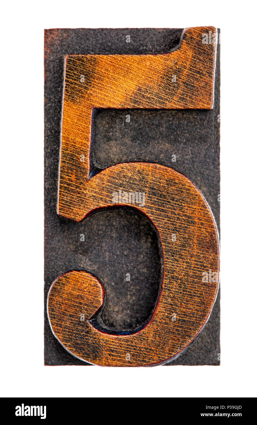 number five - isolated letterpress wood type printing block Stock Photo ...